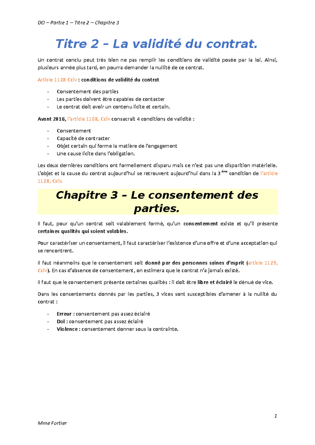 DO - Le consentement des parties - Titre 2 – La validité du contrat. Un ...