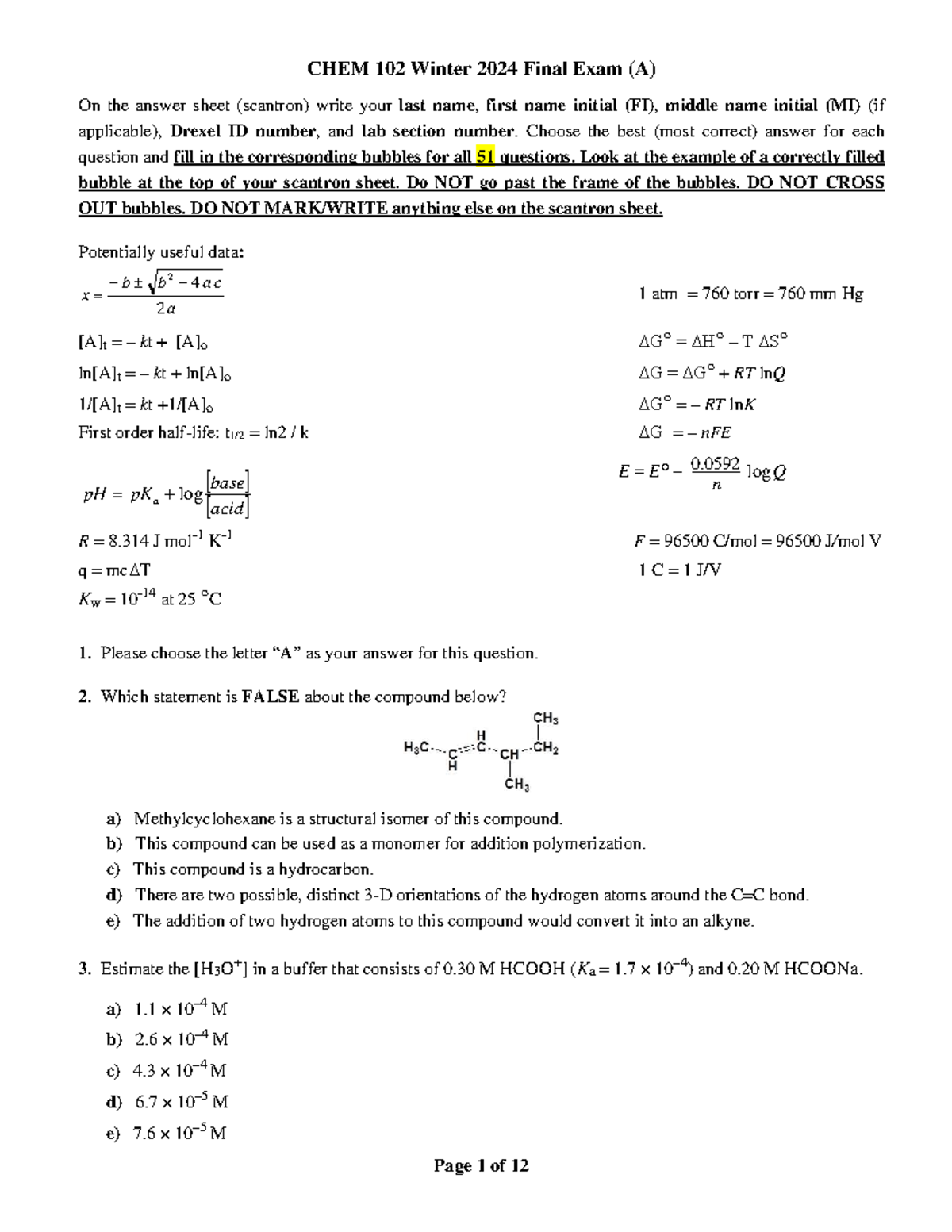 Final Exam 102 W24a w. Answer Key - CHEM 102 Winter 2024 Final Exam (A ...