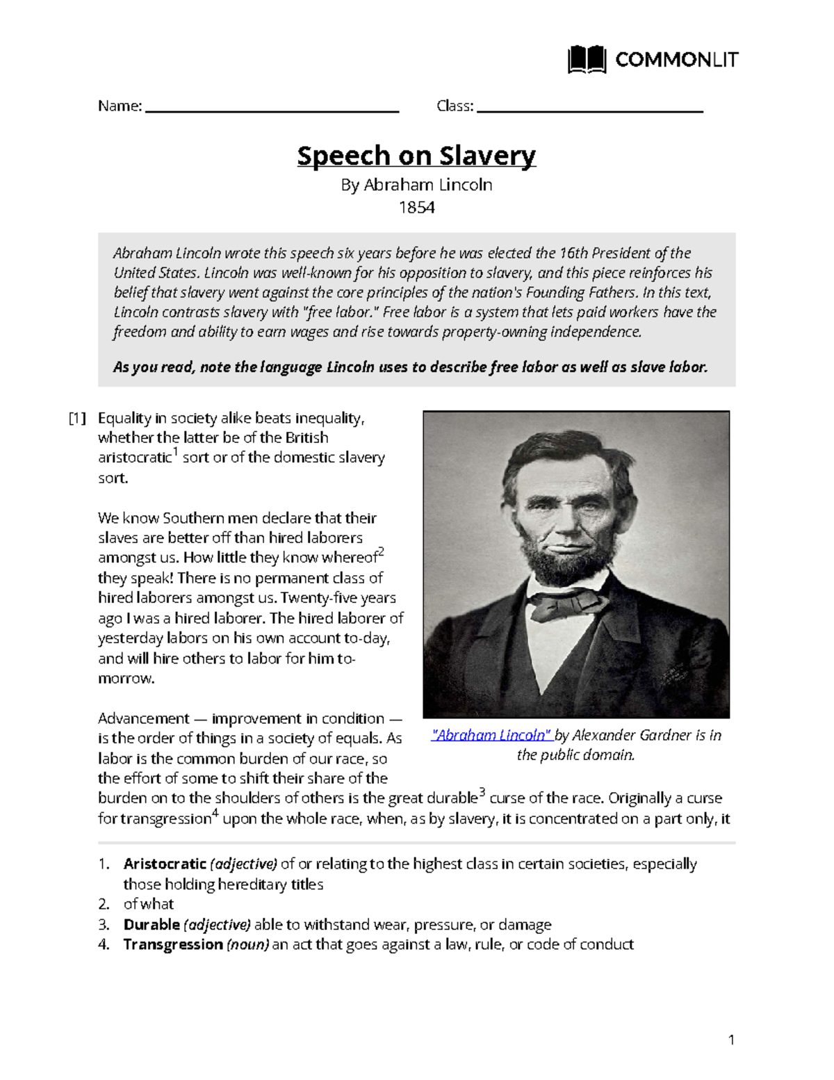 Speech on Slavery - Name: Class: "Abraham Lincoln" by Alexander Gardner ...