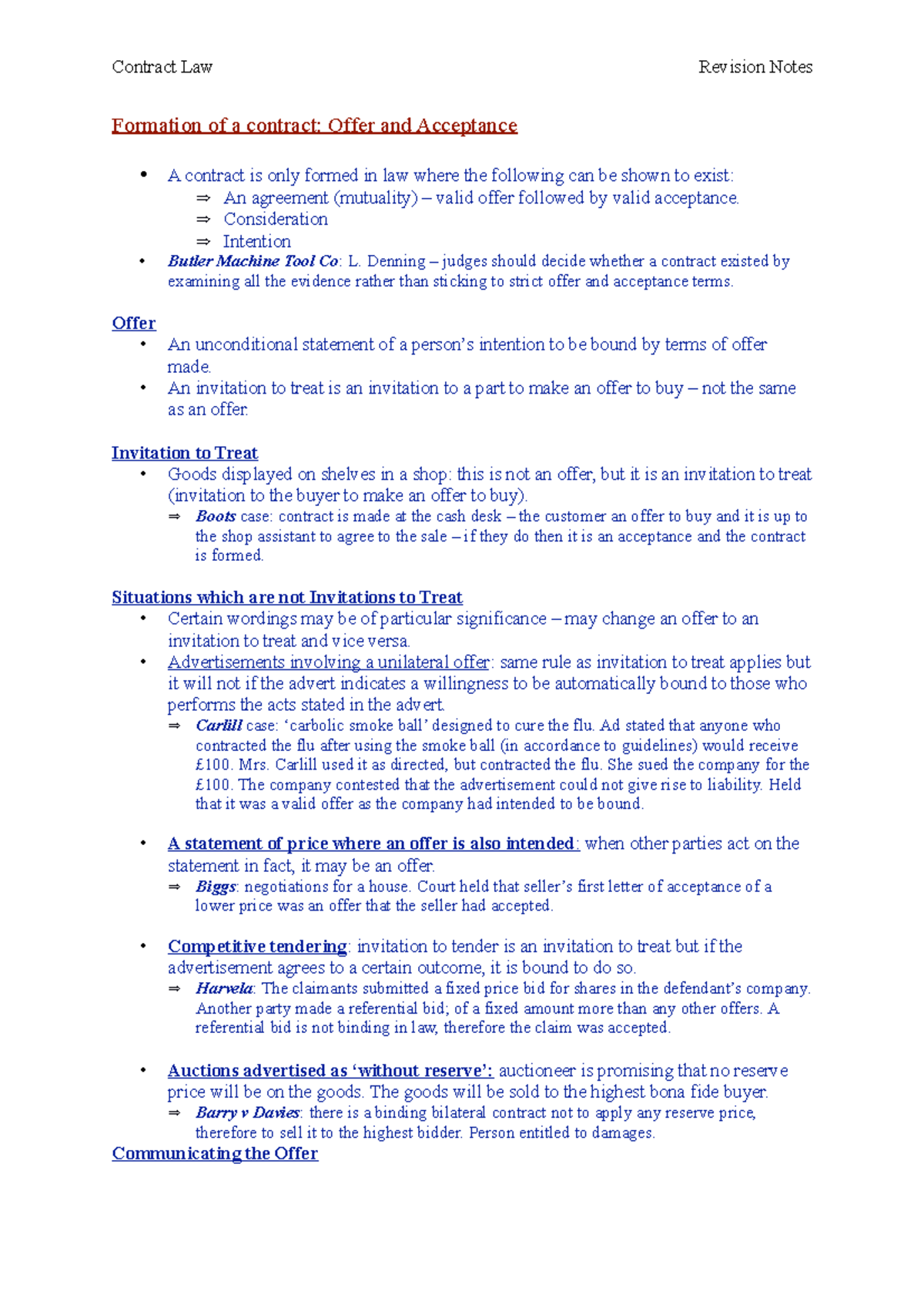 Contract Law Revision Notes: Formation of a Contract - Studocu