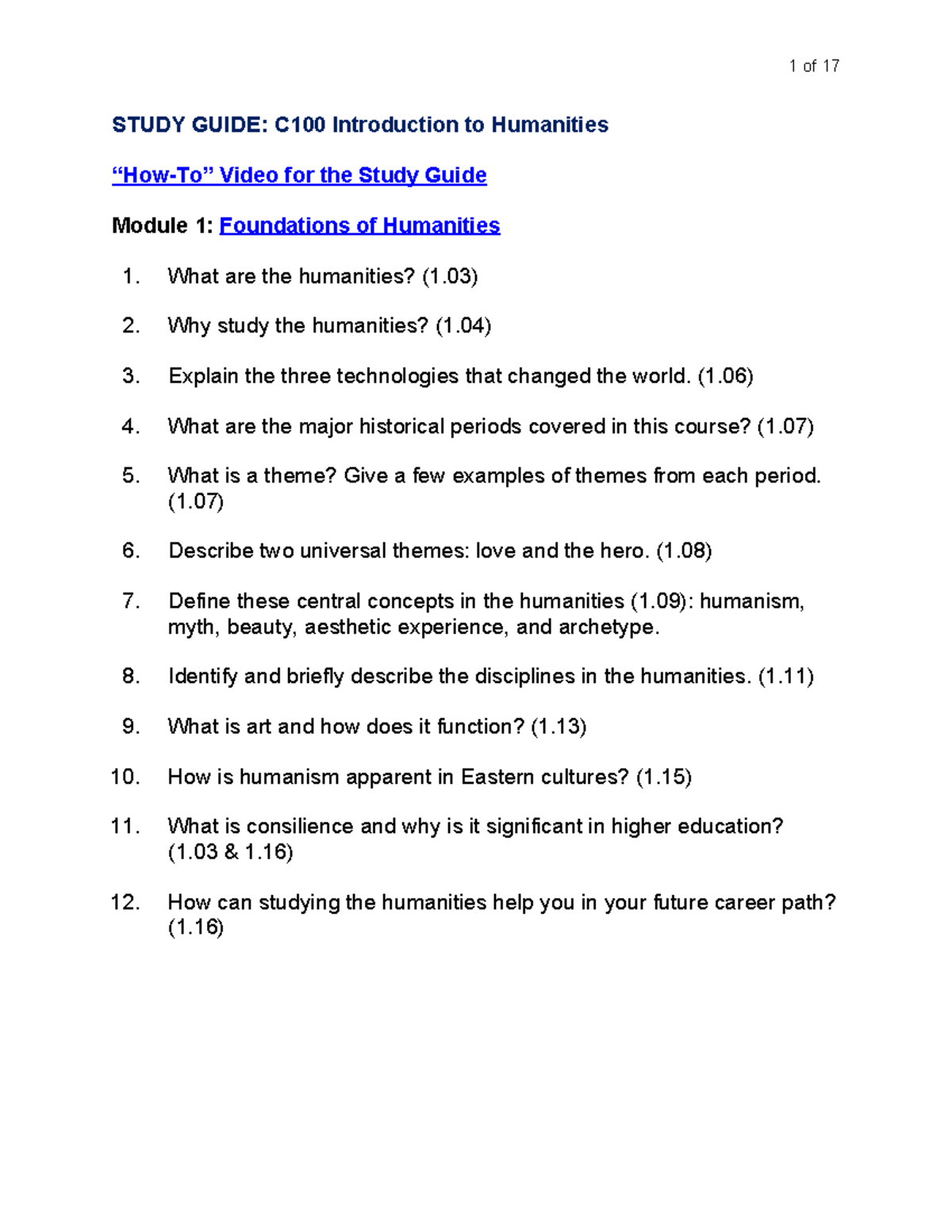 C100 study guide outline - STUDY GUIDE: C100 Introduction to Humanities ...