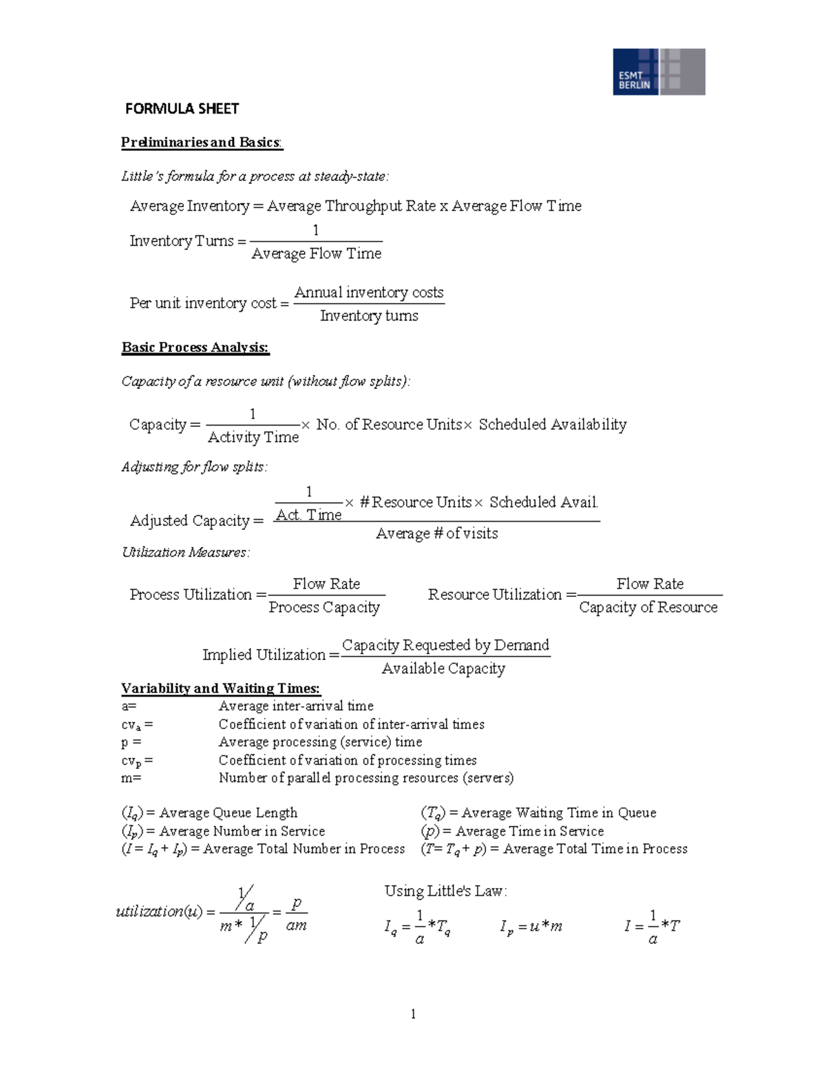 Formula Sheetand Tables - 1 FORMULA SHEET Preliminaries and Basics ...