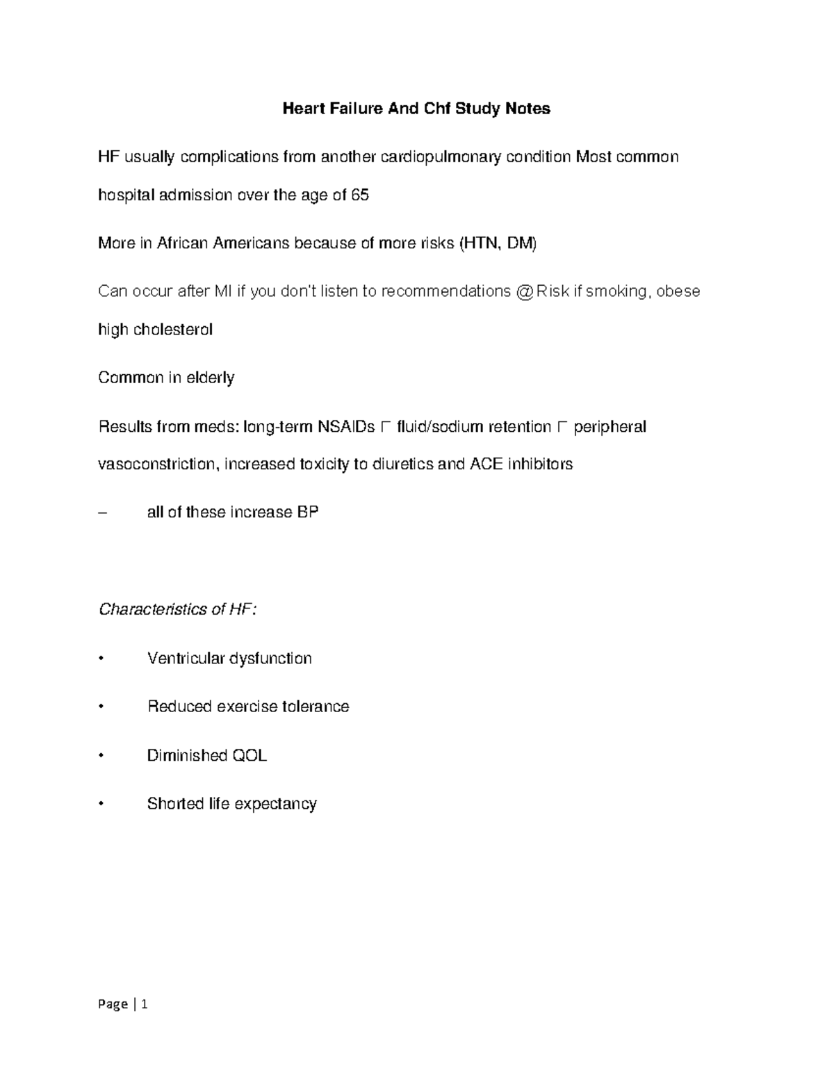 Heart Failure And Chf Study Notes - .. o Less blood reaching organs o ...