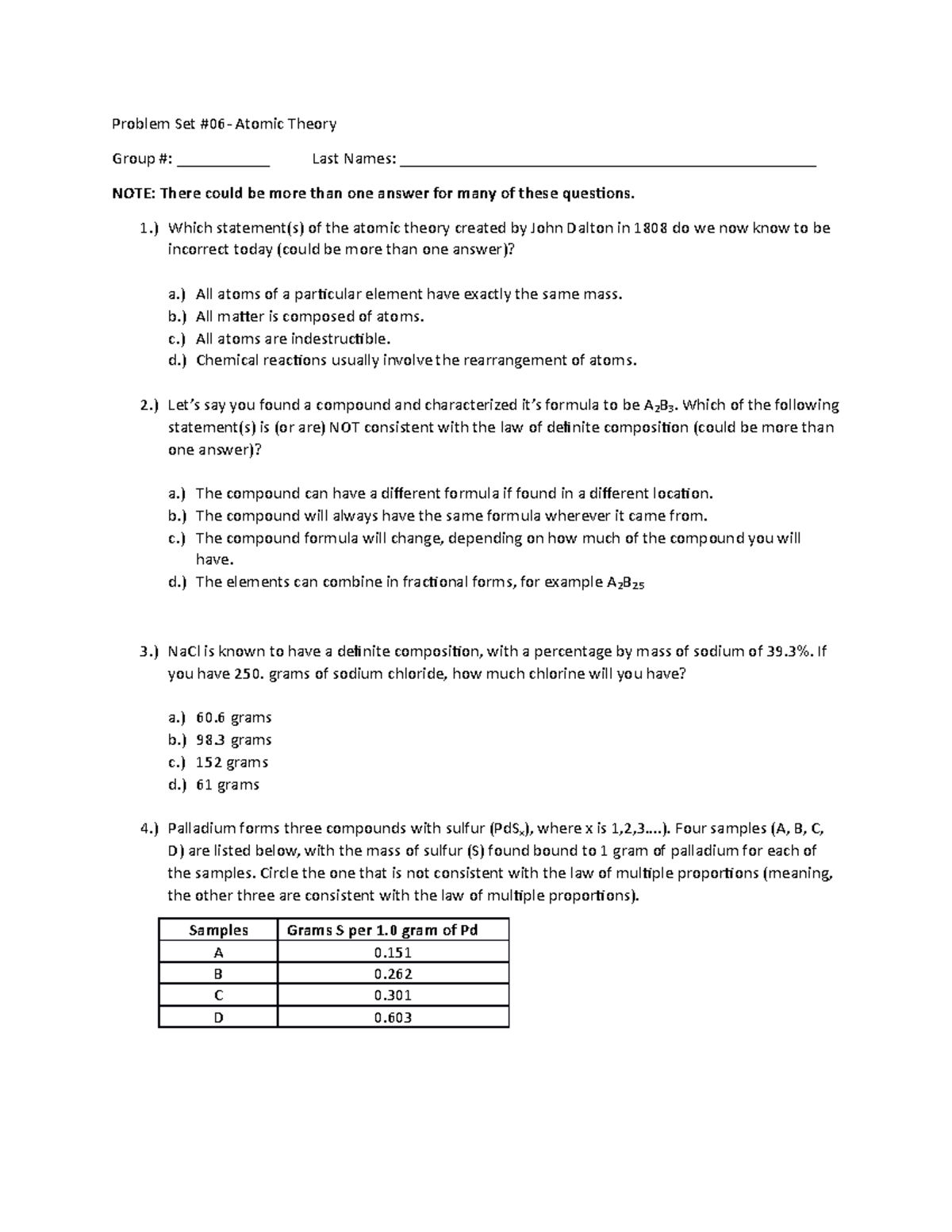 Chem Problem Set 6 - Problem Set #06- Atomic Theory Group #: ___________ Last Names: - Studocu