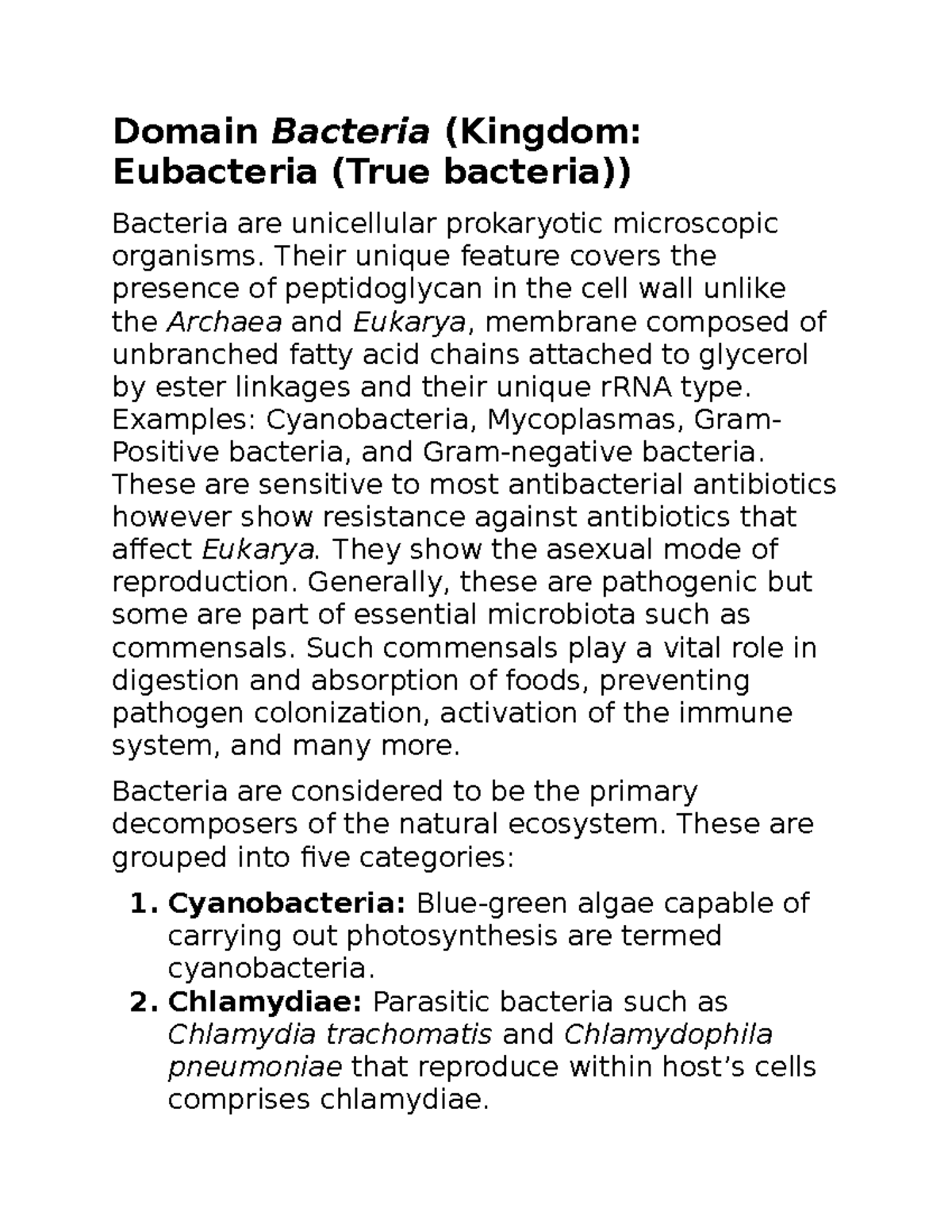 Bio 24 - Notes - Domain Bacteria (Kingdom: Eubacteria (True bacteria ...