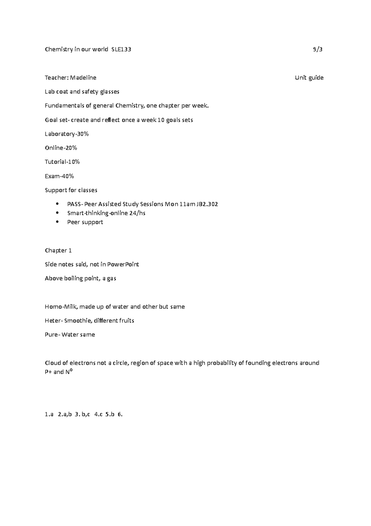 Chapter 1, 9-3 - Chemistry in our world SLE133 9/ Teacher: Madeline ...