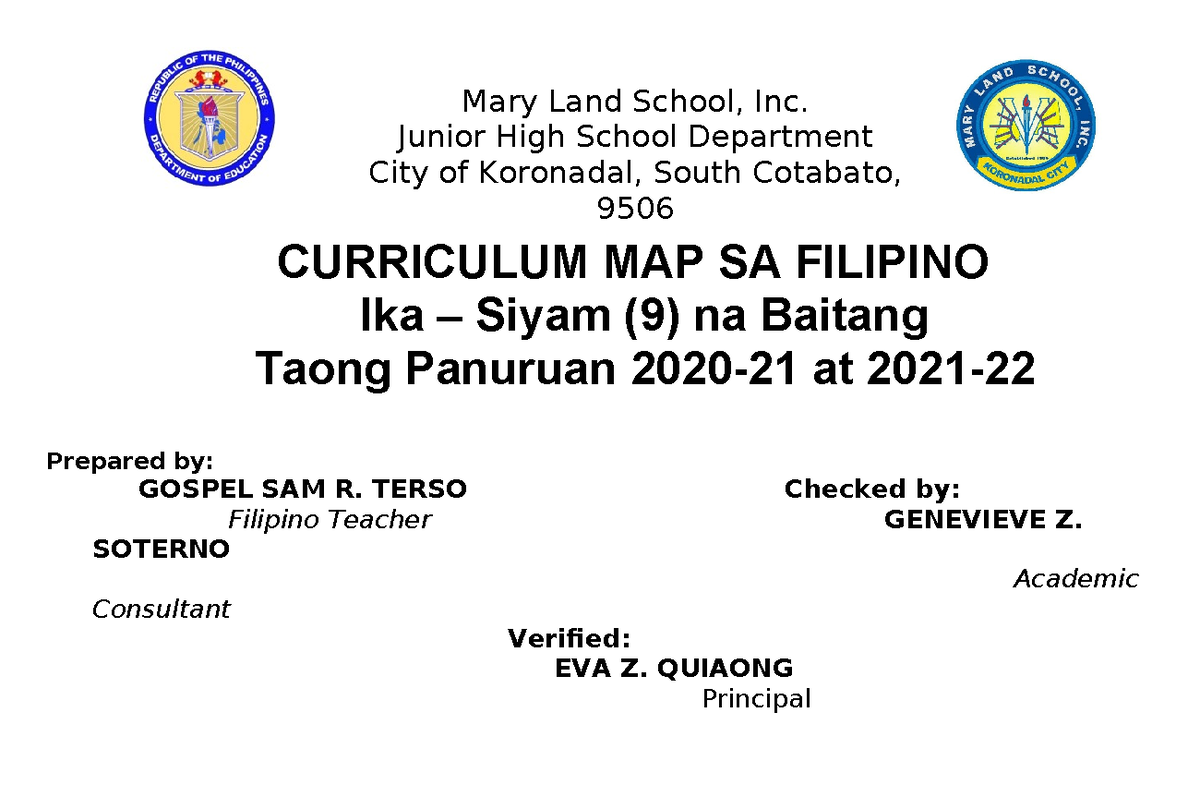 CUR MAP in English Fil Sample Cover - CURRICULUM MAP SA FILIPINO Ika – Siyam (9) na Baitang ...