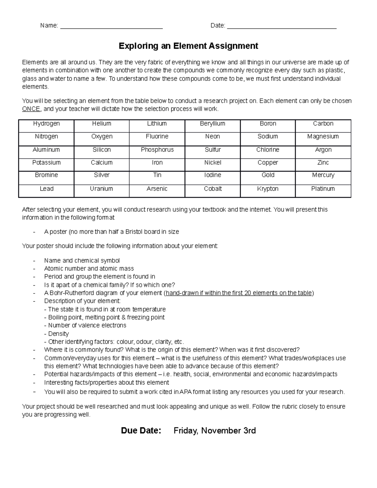 27 - Exploring an Element Assignment & Rubric - Name ...