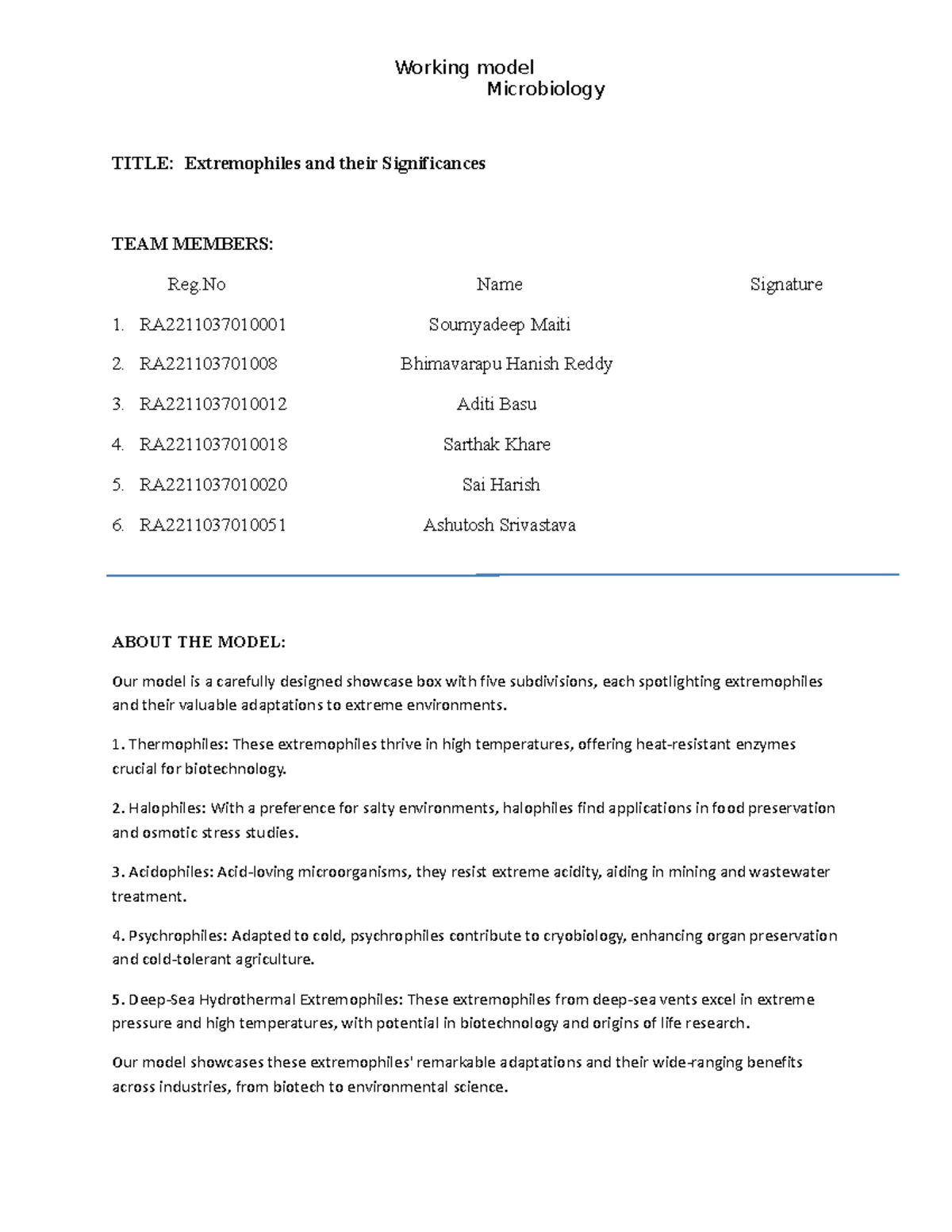 lab for microbiology - Working model Microbiology TITLE: Extremophiles ...