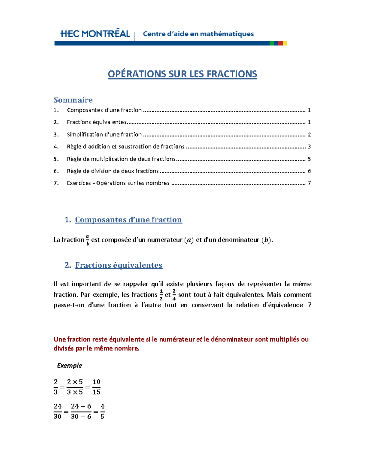 Operations fractions - OPÉRATIONS SUR LES FRACTIONS Sommaire 1 ...