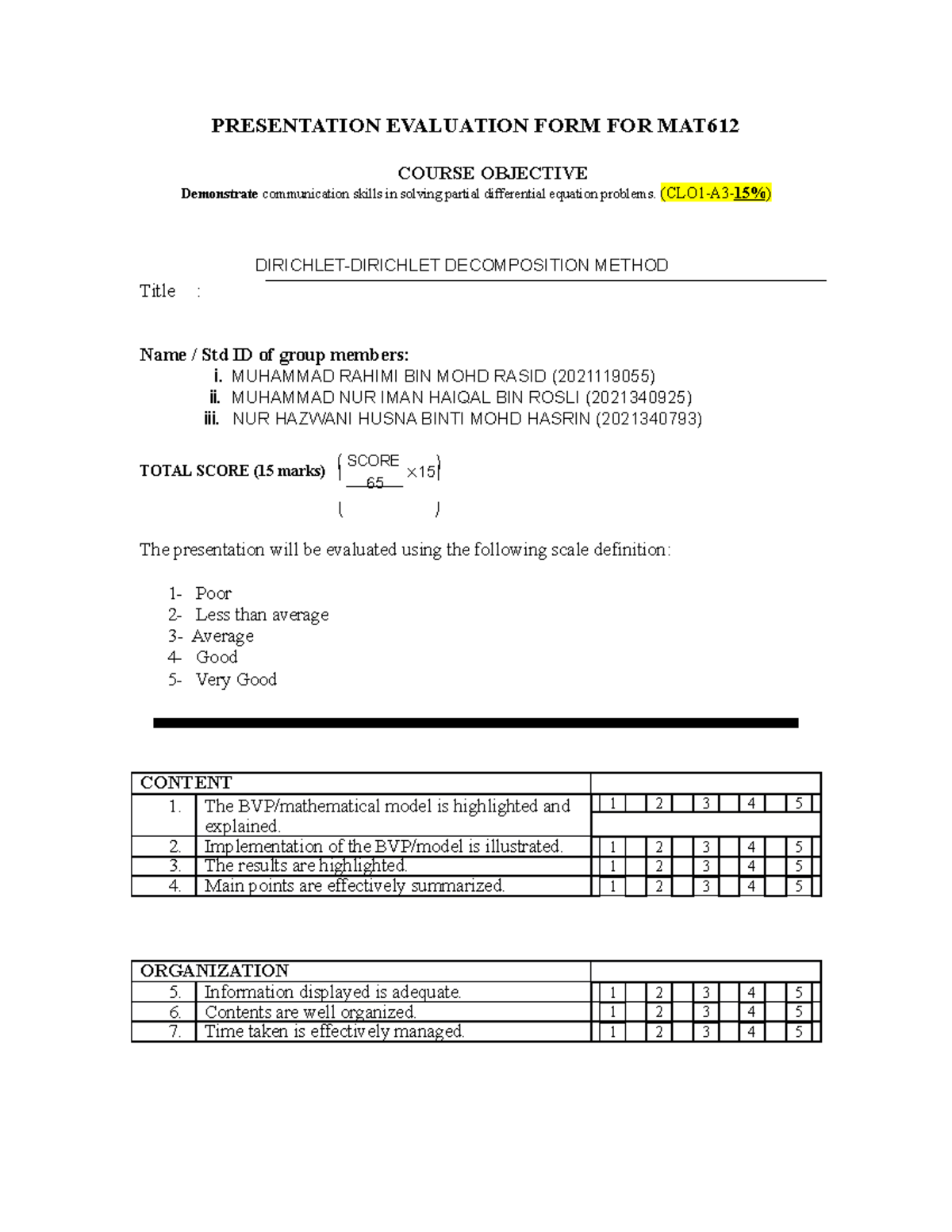 MAT 612 Presentation Evaluation FORM Group 7-converted - PRESENTATION ...