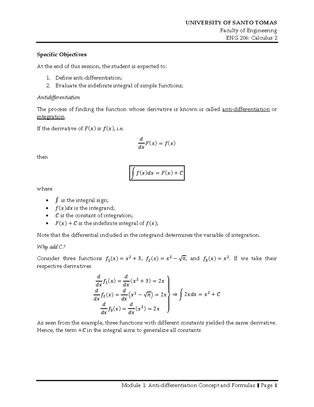 1.1 Anti-Derivatives - Faculty of Engineering ENG 206: Calculus 2 ...