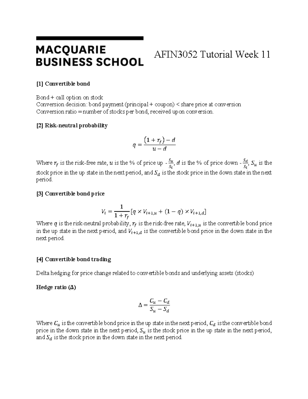 Week 10 - handout during tuts - [ 1 ] Convertible bond Bond + call ...