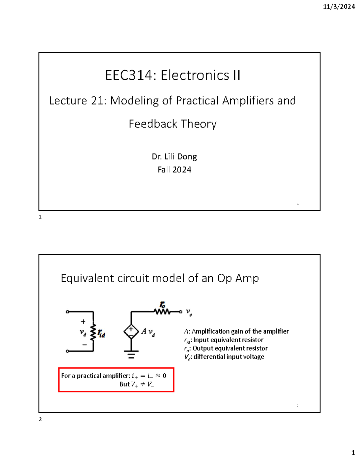 Lecture 21 - fwetseeg - EEC314: Electronics II Lecture 21: Modeling of Practical Amplifiers and ...