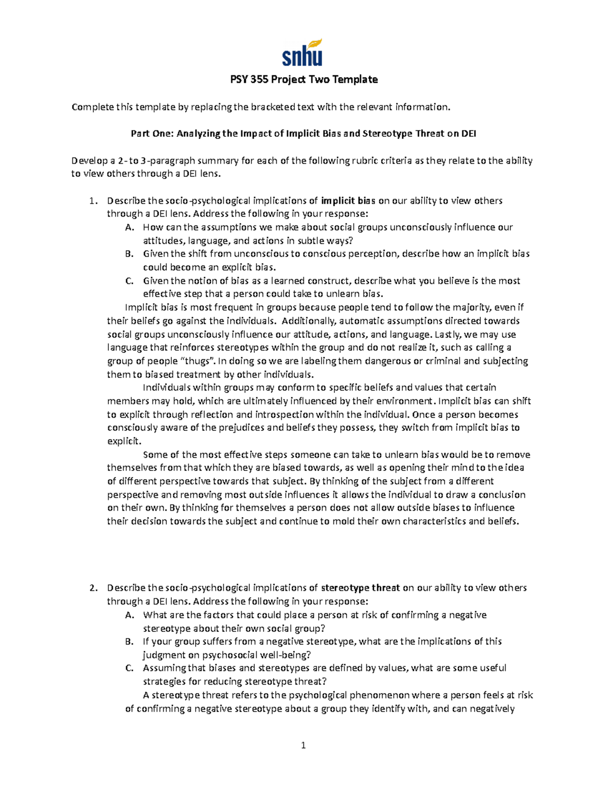 Theories of Social Psy Week 7 Project 2 - PSY 355 Project Two Template ...