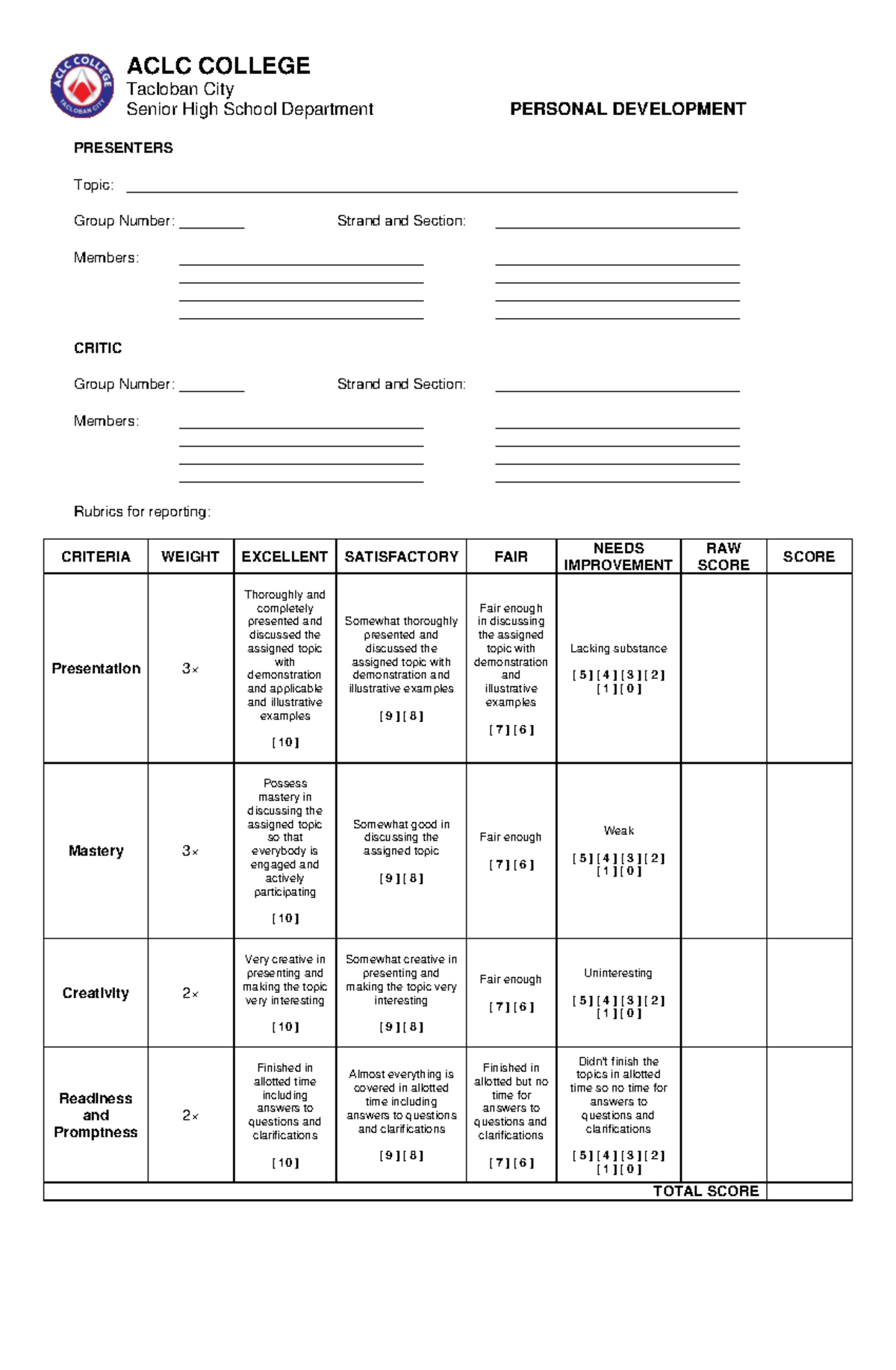 Rubrics- Perdev - good and goodluck - ACLC COLLEGE Tacloban City Senior High School Department ...