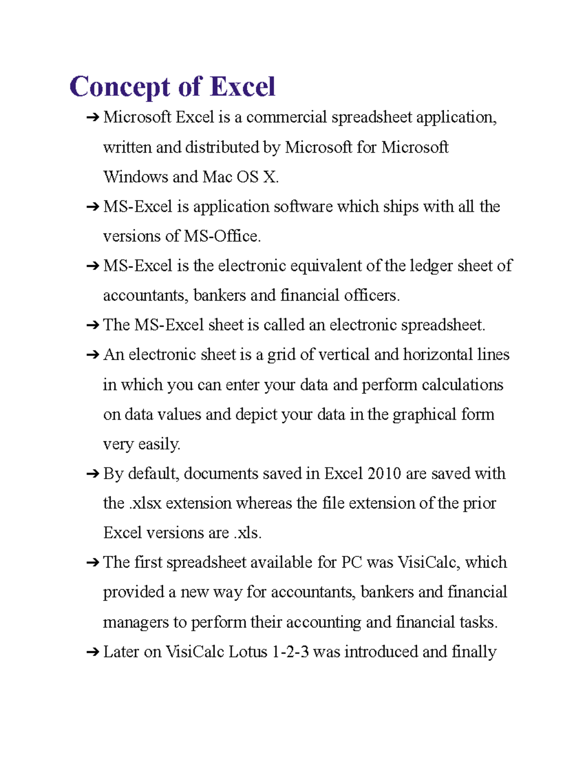 Concept of Excel - Concept of Excel Microsoft Excel is a commercial ...