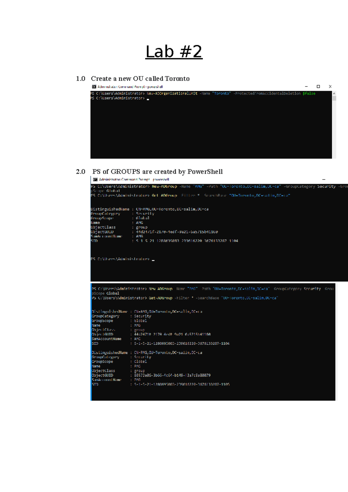 Lab #2 - Lab 1 Create a new OU called Toronto 2 PS of GROUPS are created by PowerShell 3 PS of ...