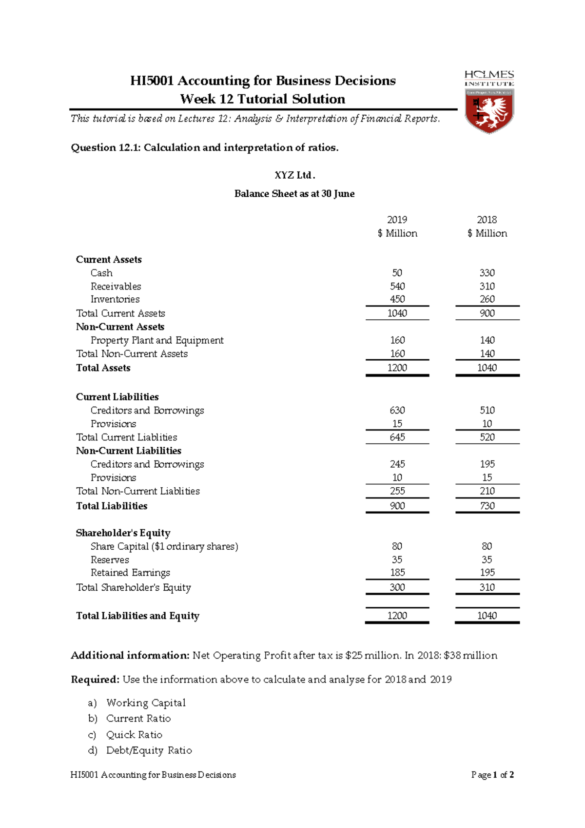 HI5001 Week 12 Tutorial Solution - HI50 01 Accounting for Business Decisions Page 1 of 2 HI5001 ...