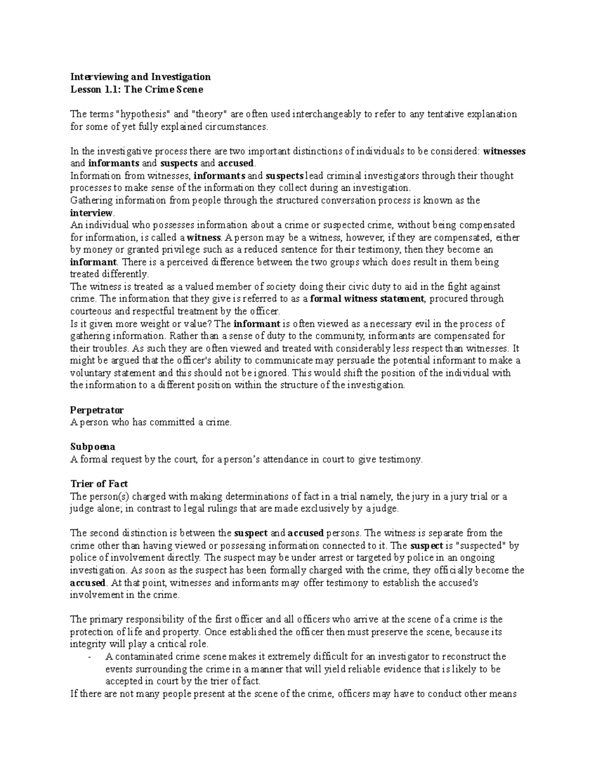 Interviewing and Investigation Lecture Notes - Interviewing and ...