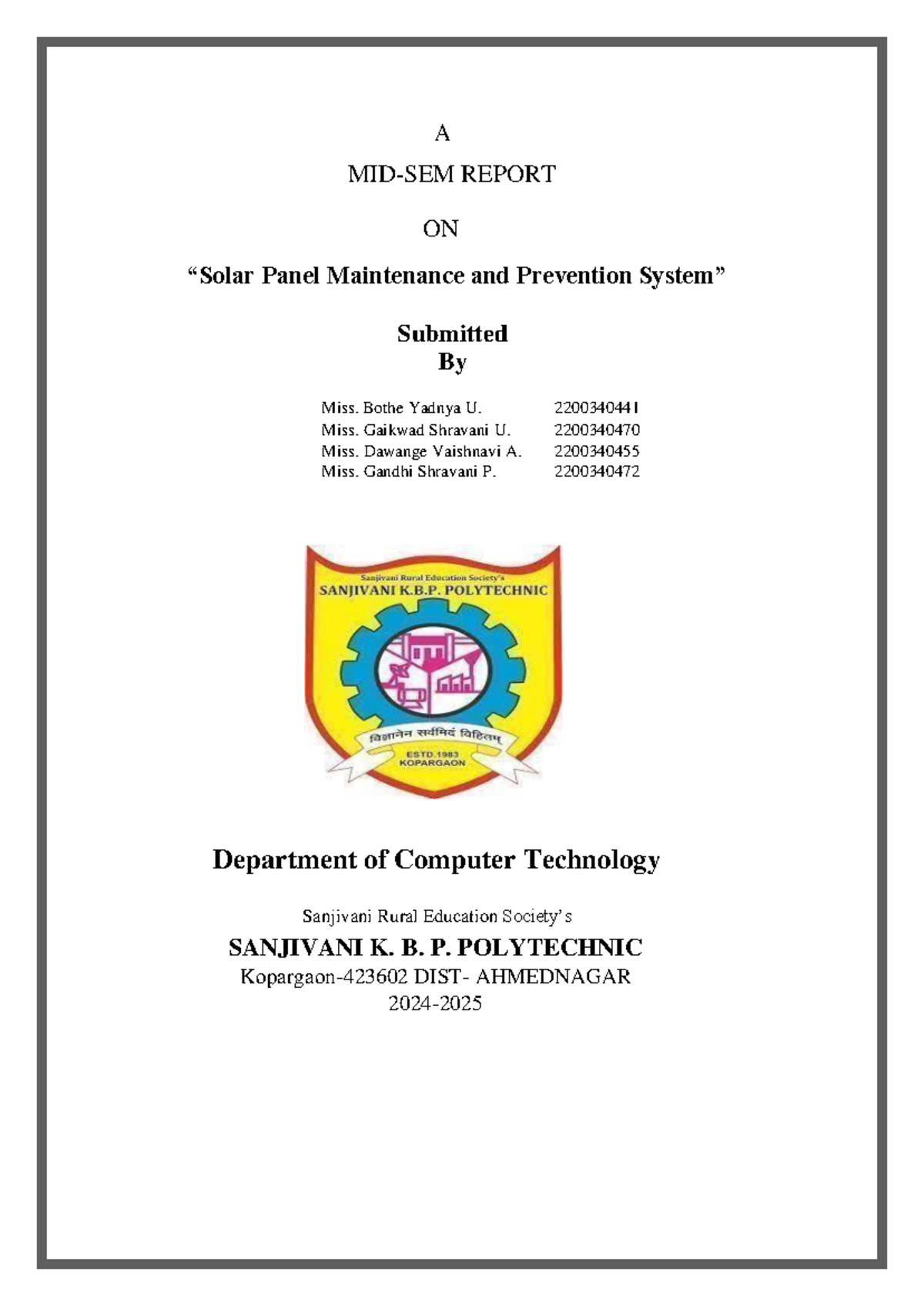 Code Crew mid Sem Report - A MID-SEM REPORT ON “Solar Panel Maintenance ...