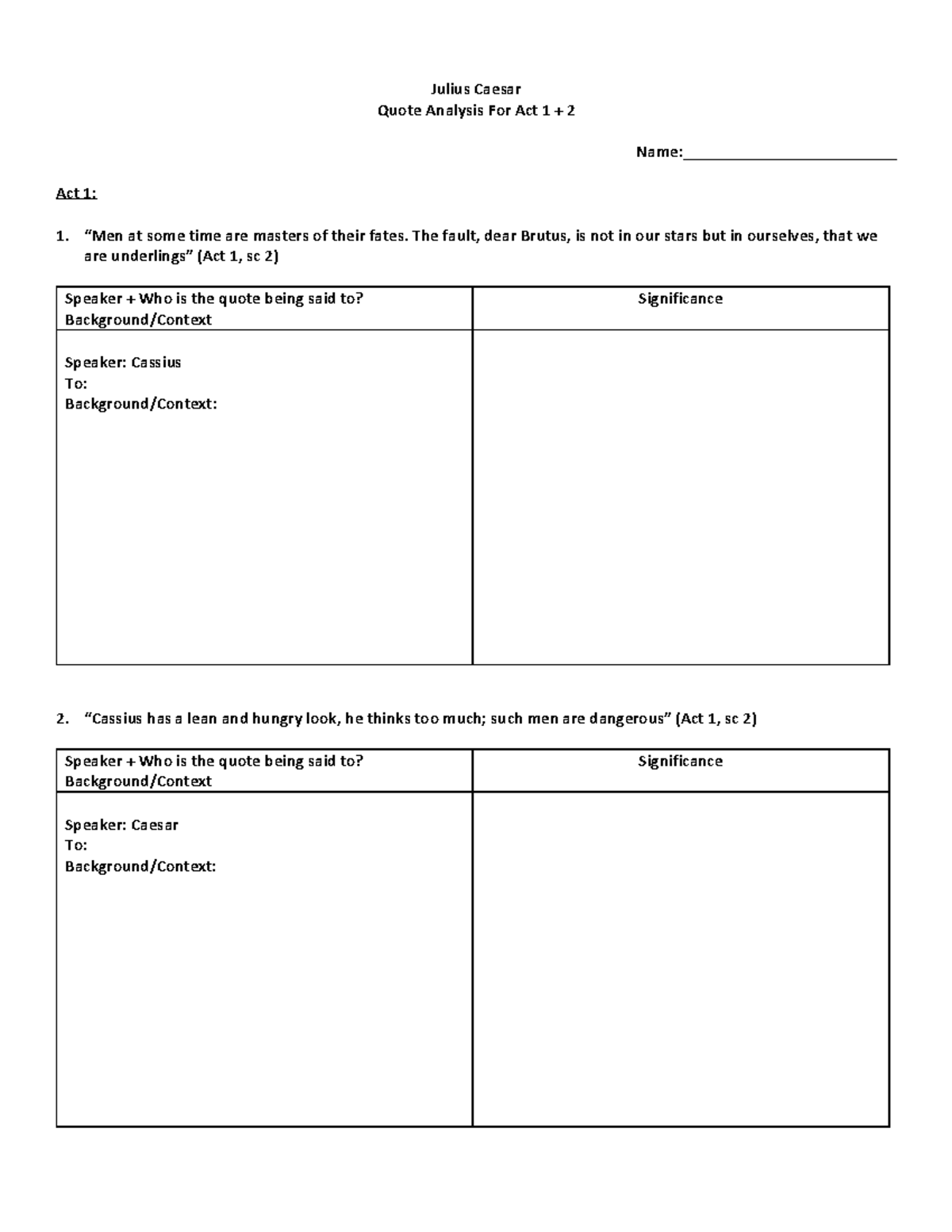 Julius Caesar Quote Analysis Act 1 + 2 - Julius Caesar Quote Analysis ...