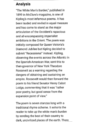 The White Man's Burden. Analysis - Littrature orale - Studocu