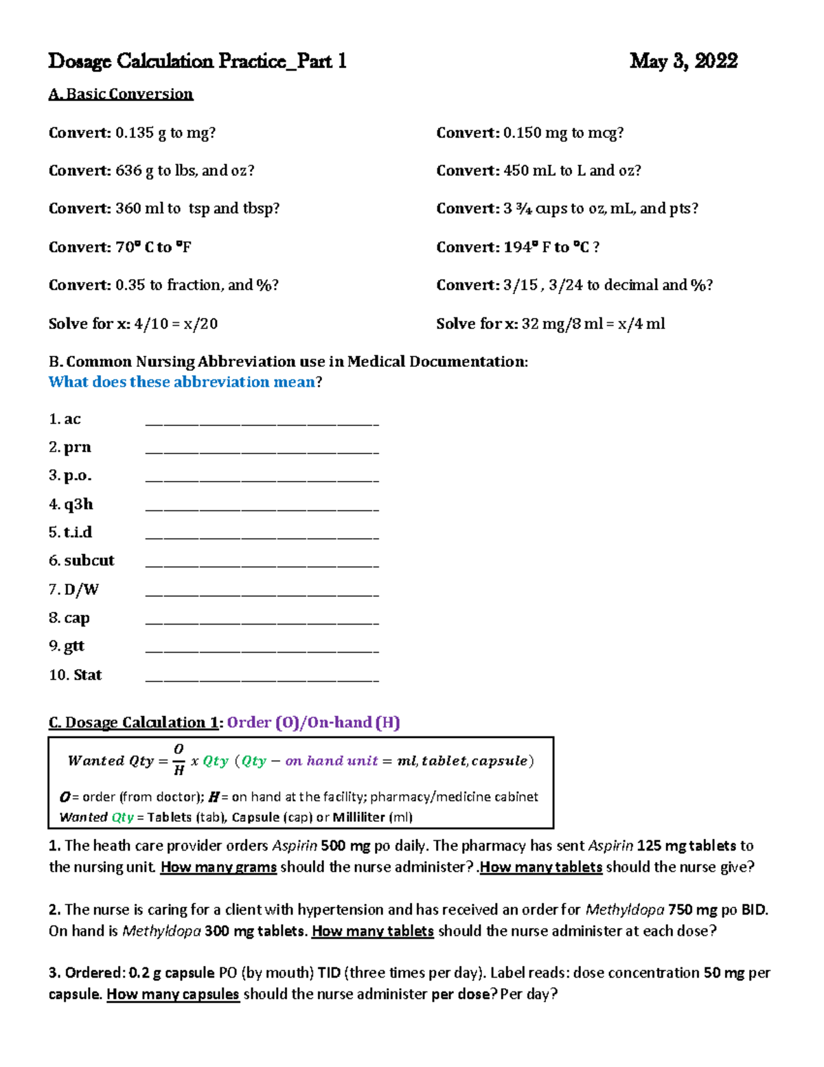 Dosage Calculation Practice May 4, 2022 P1 - Dosage Calculation ...