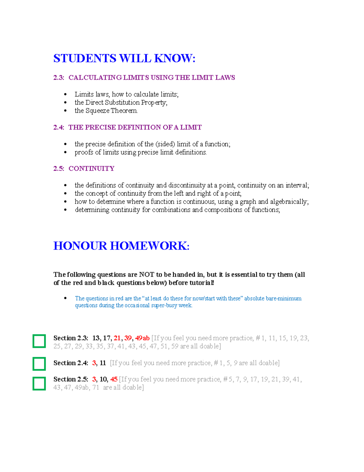 Calc Homework 2 - STUDENTS WILL KNOW: 2: CALCULATING LIMITS USING THE ...