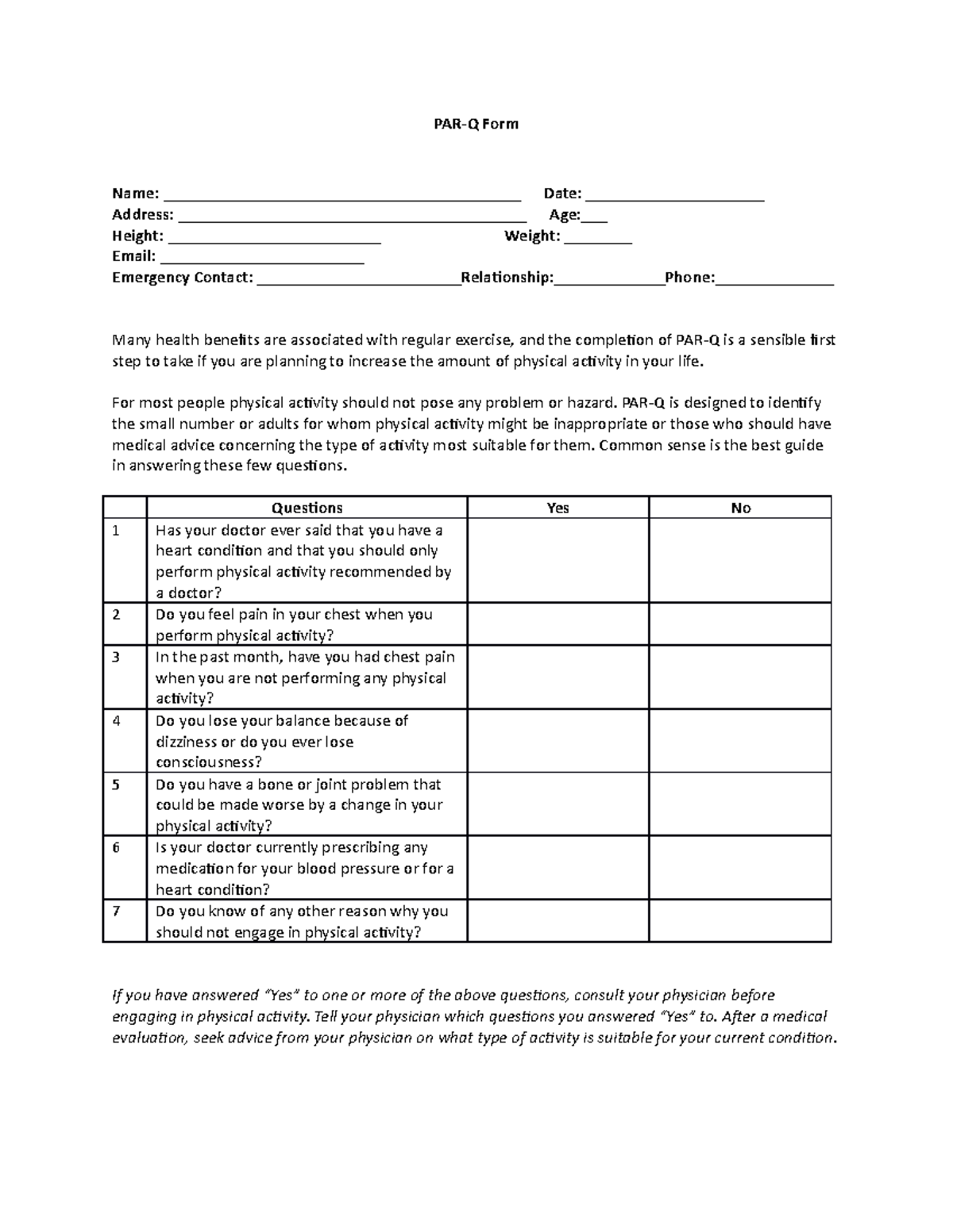 PAR-Q - PAR-Q Philosophy - PAR-Q Form Name ...