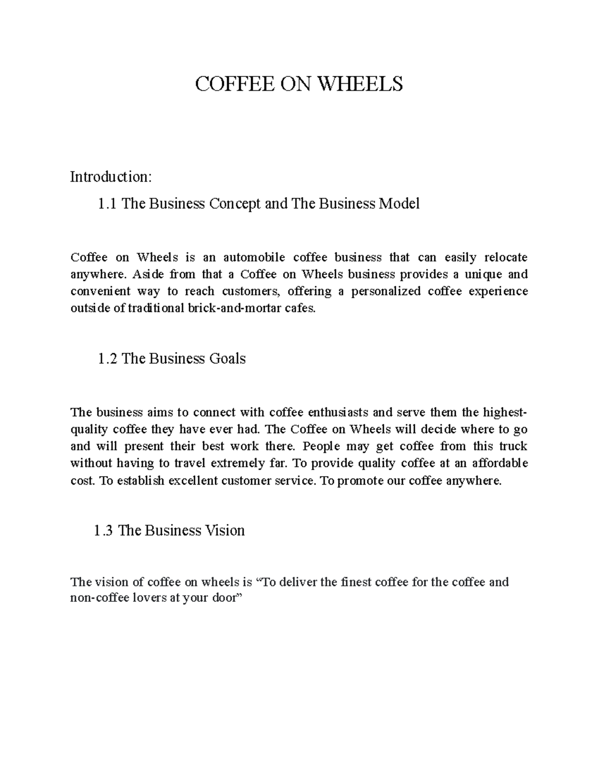 Coffeeonwheels - ENTREPRENEURSHIP - COFFEE ON WHEELS Introduction: 1 ...