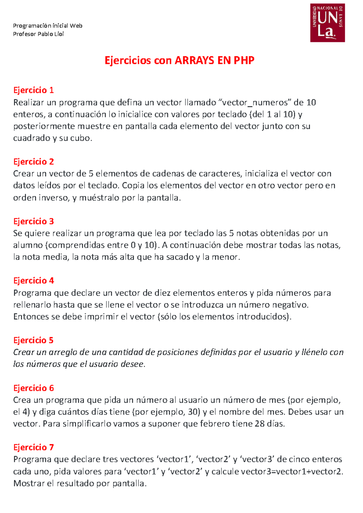 Ejercicios array - sirve - Programación inicial Web Profesor Pablo Lioi Ejercicios con ARRAYS EN ...