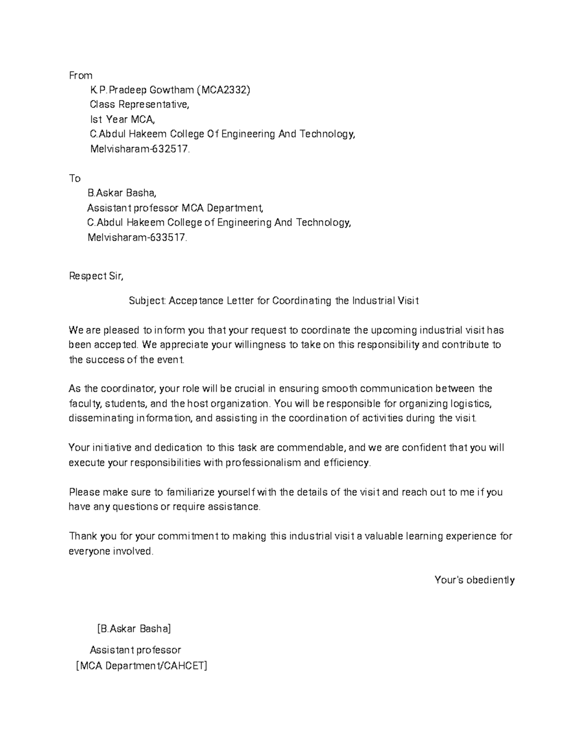 permission letter - From K.P Gowtham (MCA2332) Class Representative ...