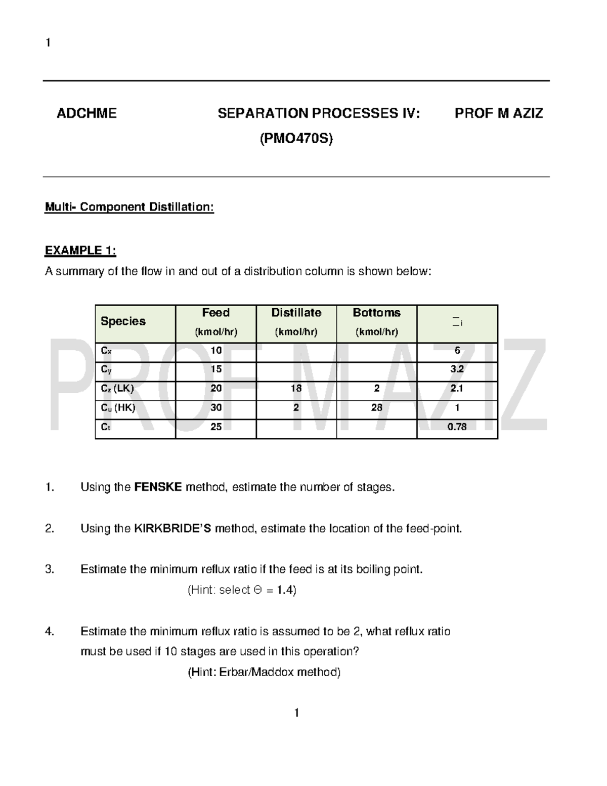 PROF M AZIZ - PMO470S - Multi Component Distillation - Example 1 - 2023 ...