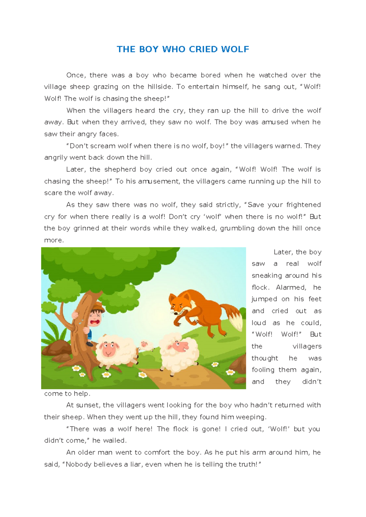 THE BOY WHO Cried WOLF Printable - THE BOY WHO CRIED WOLF Once, there ...