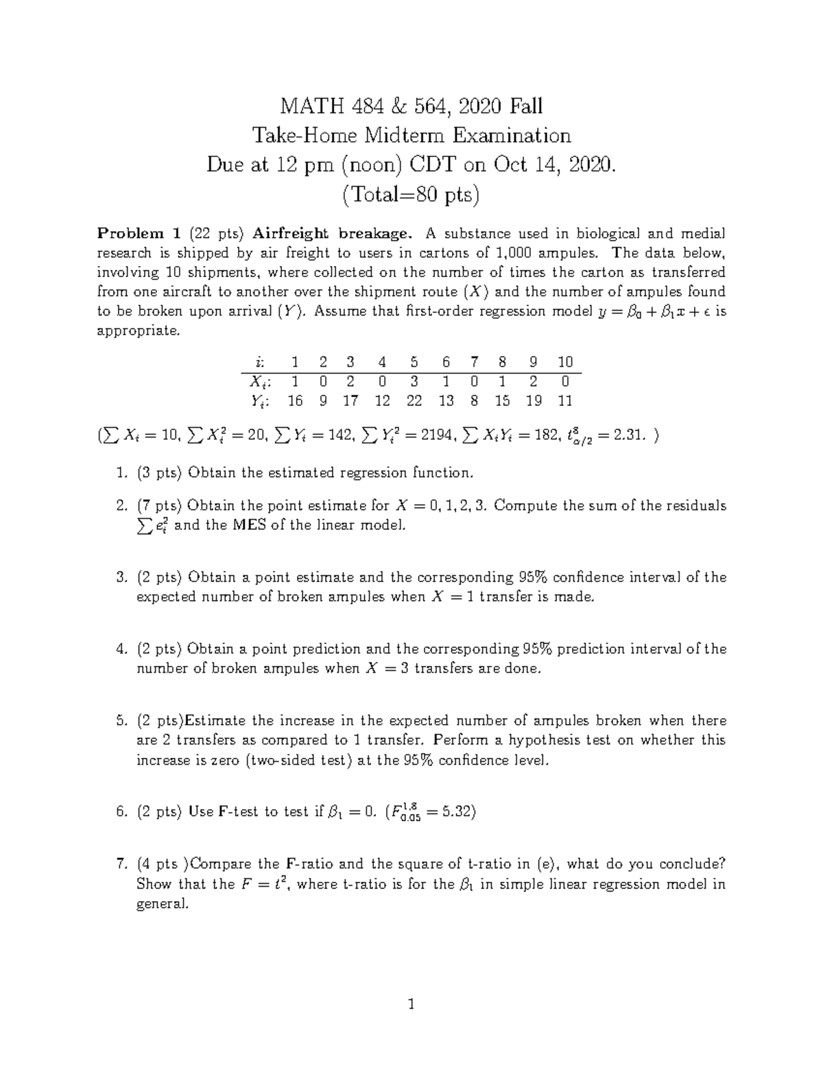 Mid Term Paper - dddd - MATH 484 & 564, 2020 Fall Take-Home Midterm ...