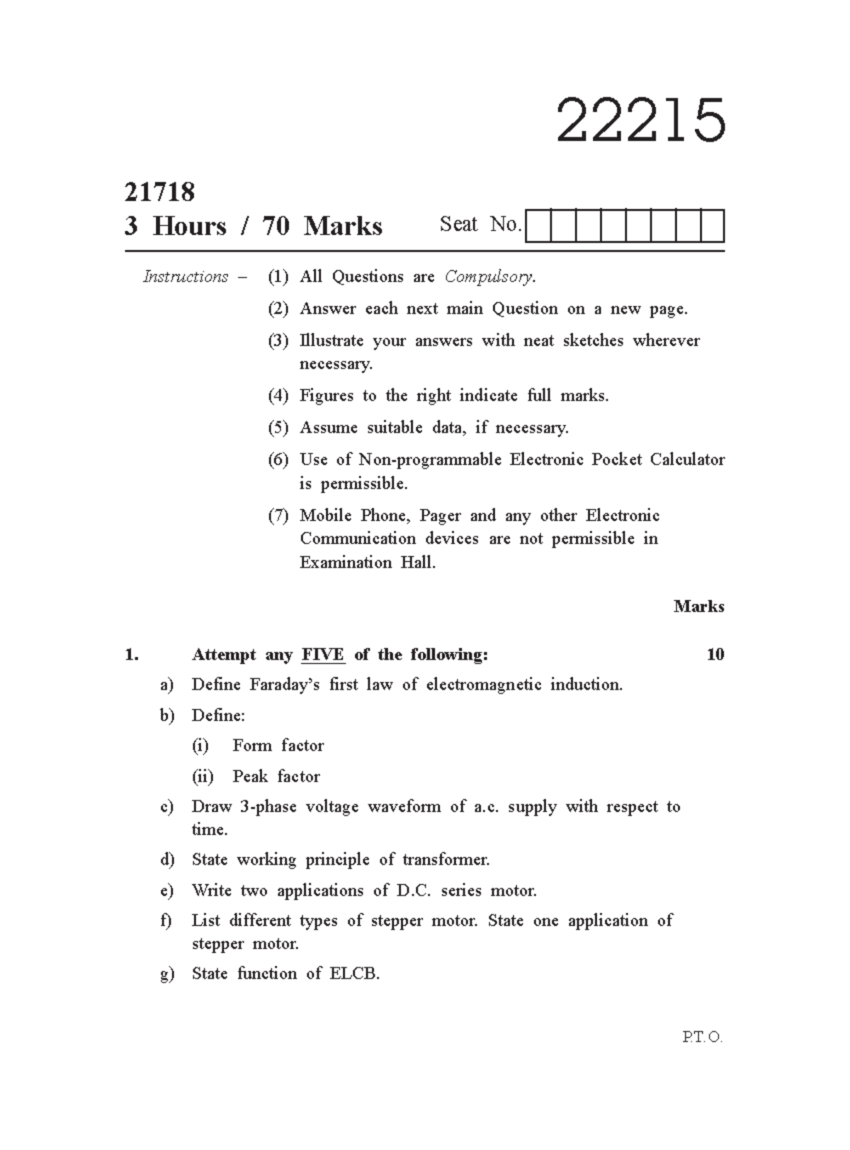 22215 - 22215 21718 3 Hours / 70 Marks Seat No. P.T. Instructions – (1 ...