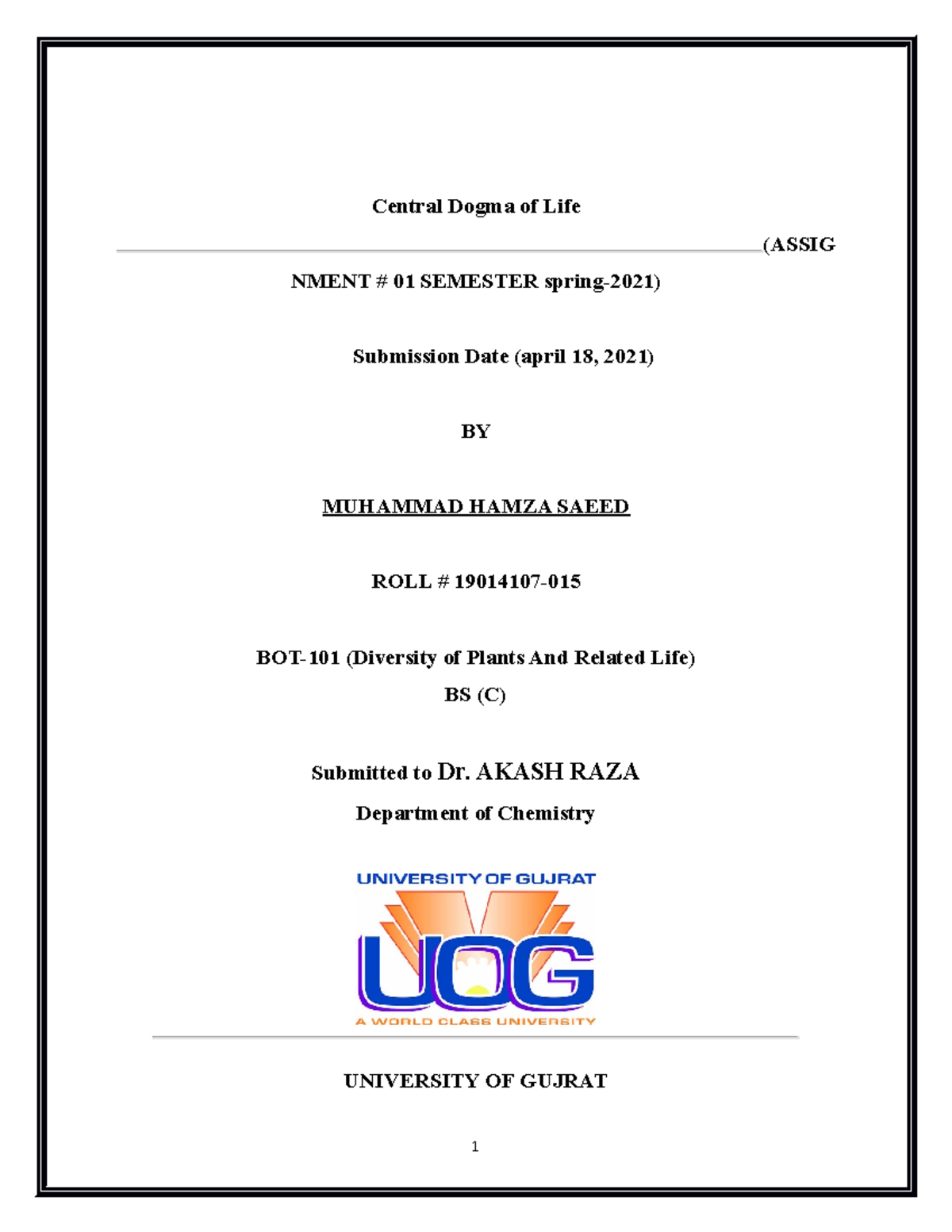 Central Dogma Definition - Central Dogma of Life (ASSIG NMENT # 01 ...
