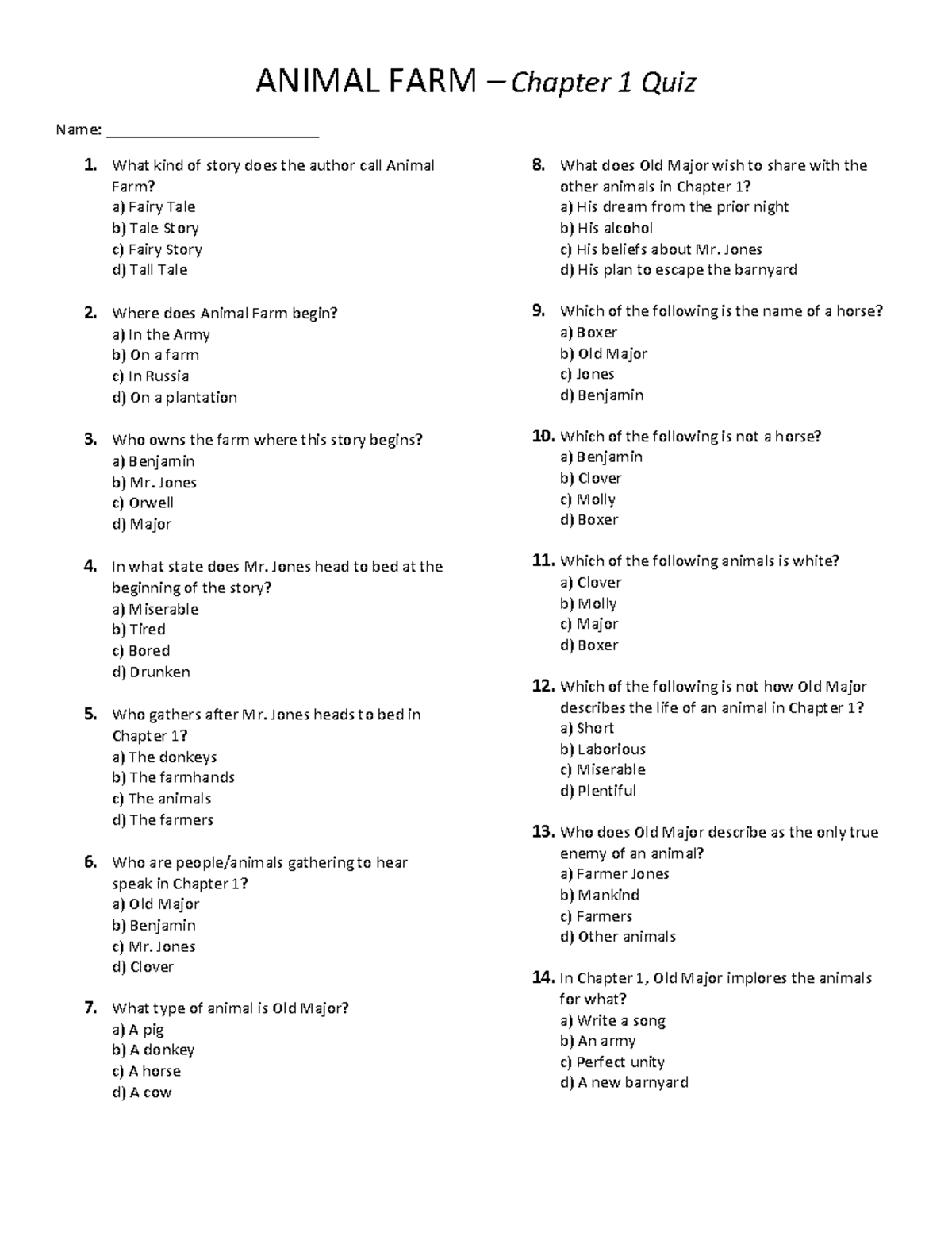 Animal Farm Chapter 1Quizwith Answer Key-1 - ANIMAL FARM – Chapter 1 ...