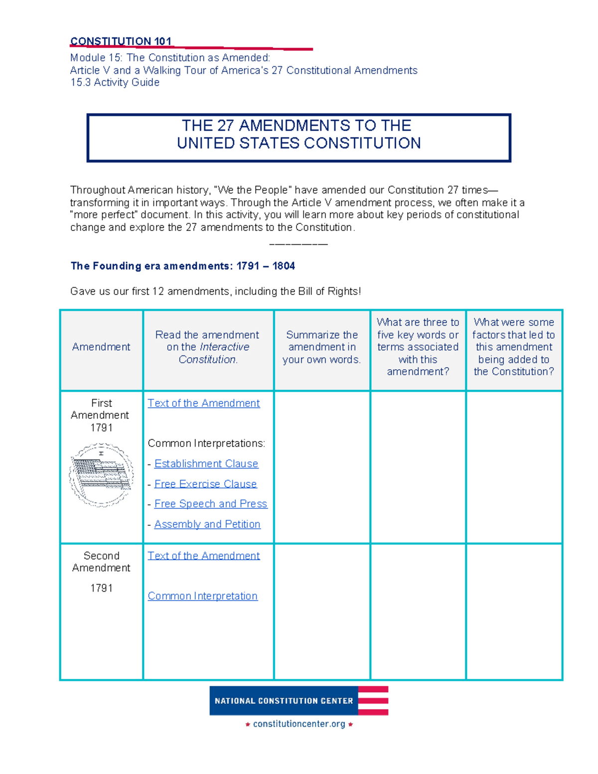 15.3 Activity Guide 27 Amendments to the U .S . Constitution 1 - Module ...