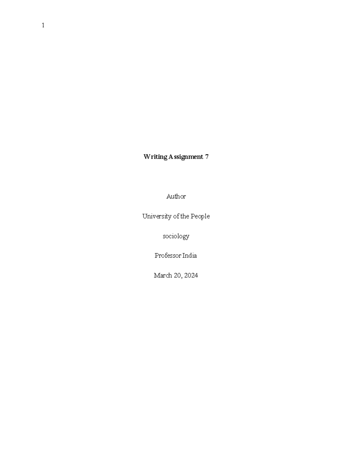 Writing Assignment 7 Sociology - Writing Assignment 7 Author University ...