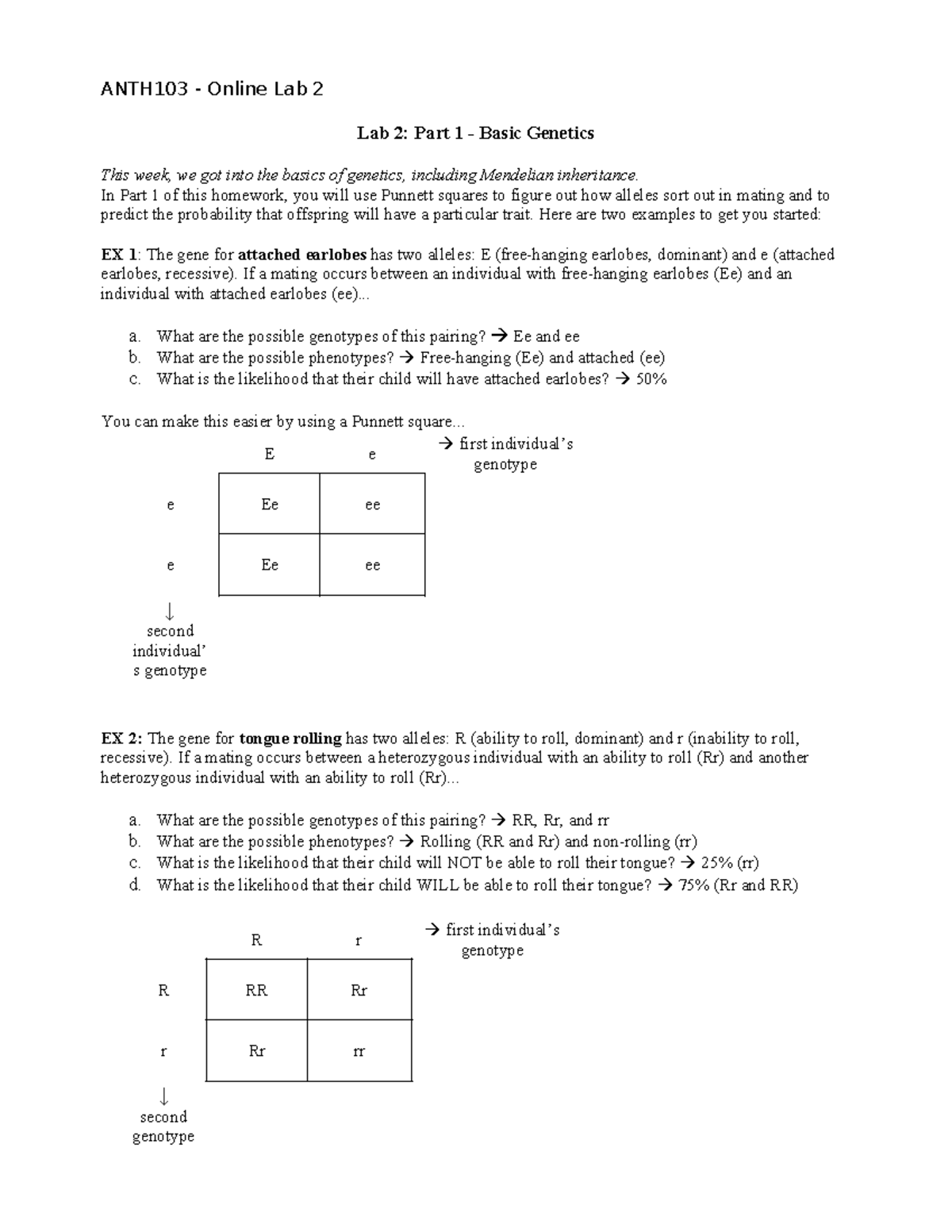 ANTH103 ELab 2 - Electronic lab - Lab 2: Part 1 - Basic Genetics This ...