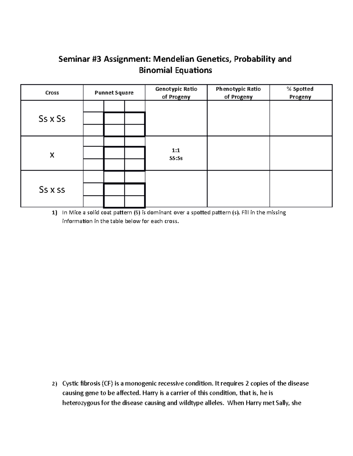 BIOL 1090 F21 - Seminar 3 Assignment - Mendelian Genetics, Probabilites ...