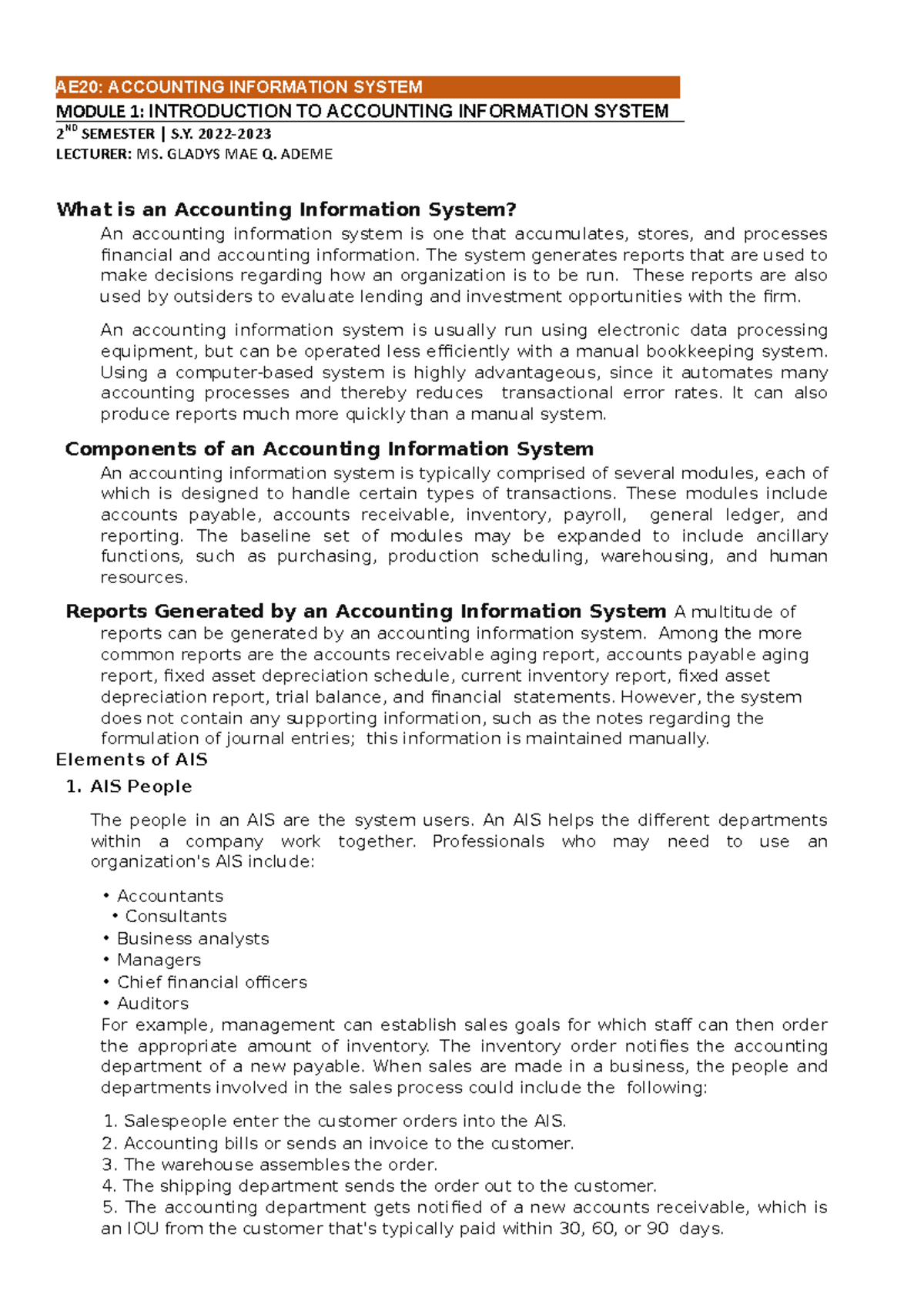 Ais - BSA NOTES - AE20: ACCOUNTING INFORMATION SYSTEM MODULE 1 ...