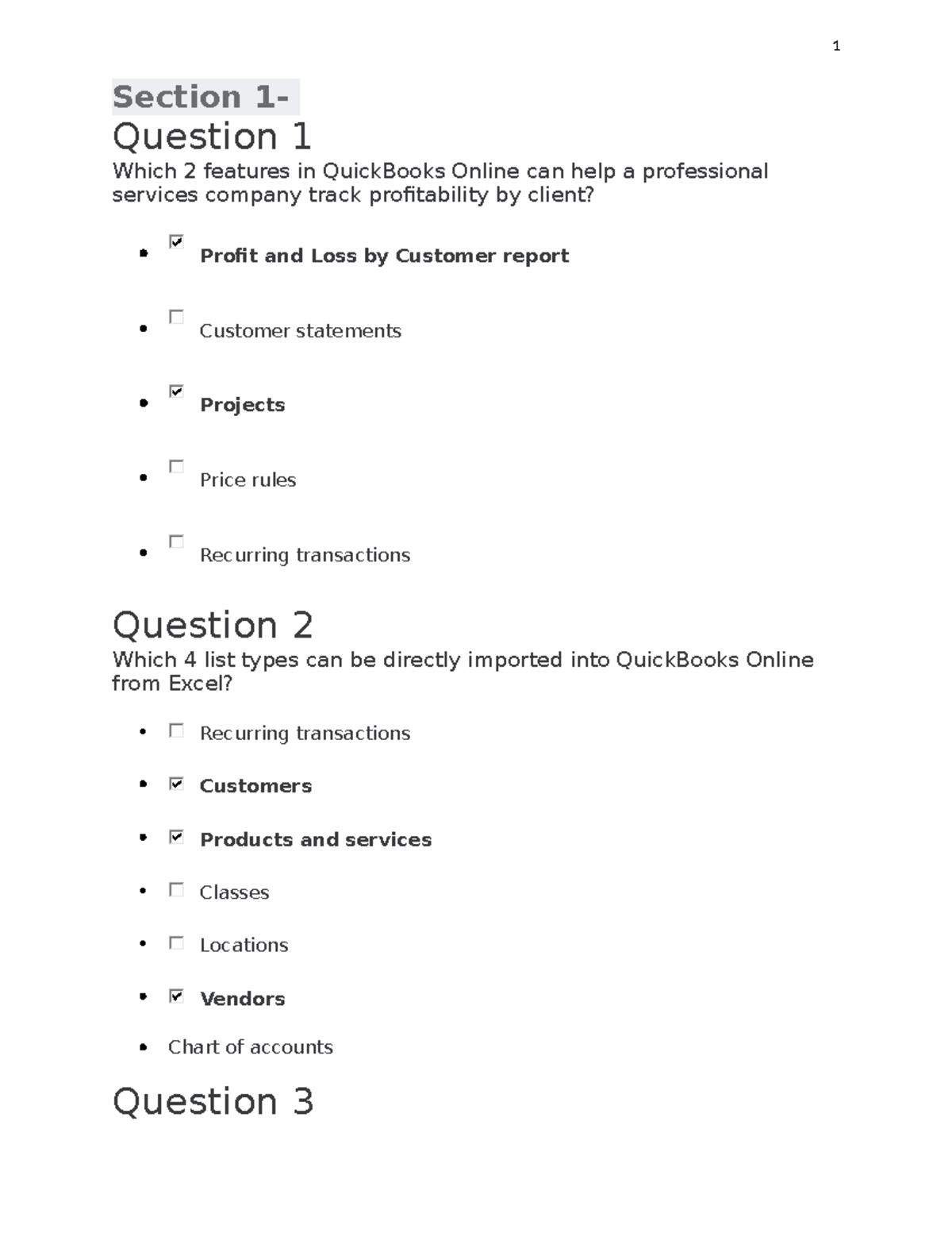 Quick Books Online Certification Questions - Section 1- Question 1 ...
