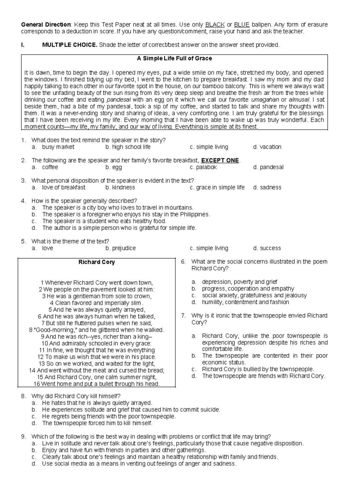 Q2 Long Quiz1 - worksheet - General Direction: Keep this Test Paper ...