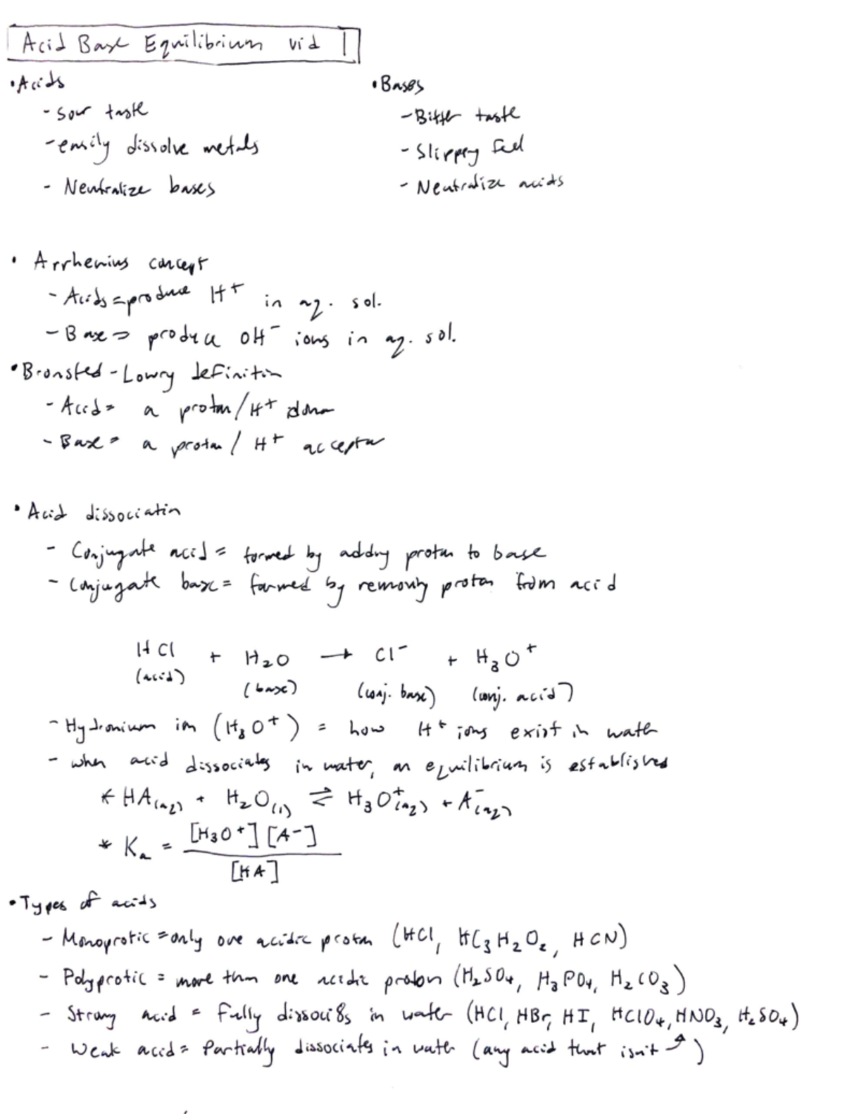 Acid Base Equilibrium I-V notes for video quizzes - Acid Base ...