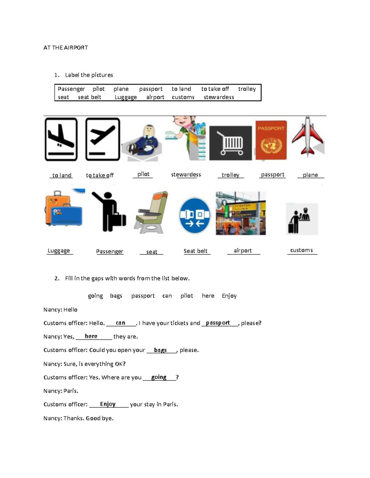 At the Airport Worksheet 5 Homework - AT THE AIRPORT Label the pictures ...