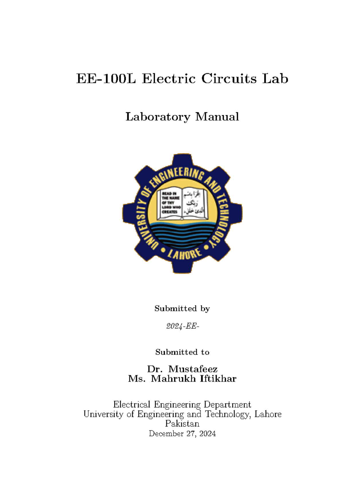 EE-100L Electric Circuits - EE-100L Electric Circuits Lab Laboratory ...
