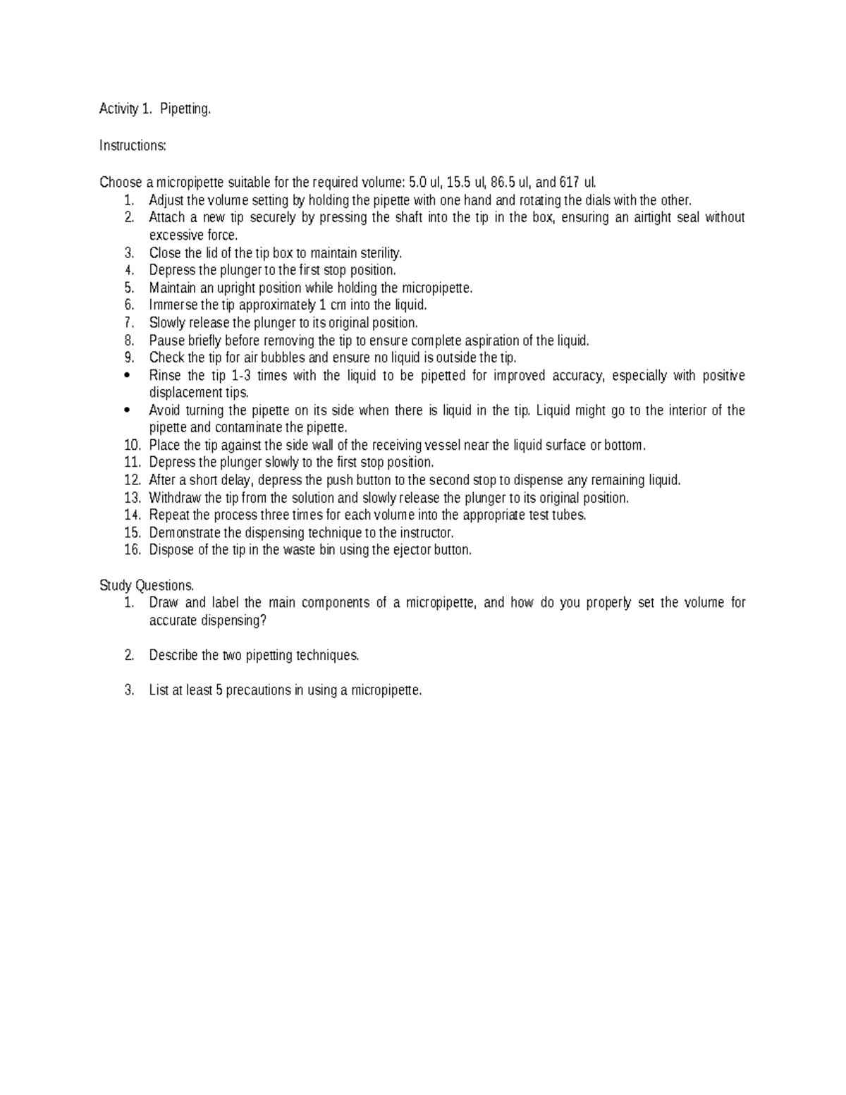 Pipetting - Activity 1. Pipetting. Instructions: Choose a micropipette ...